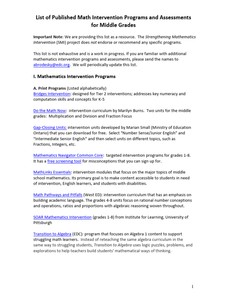 Math Intervention Programs for Middle Grades | PDF | Mathematics ...