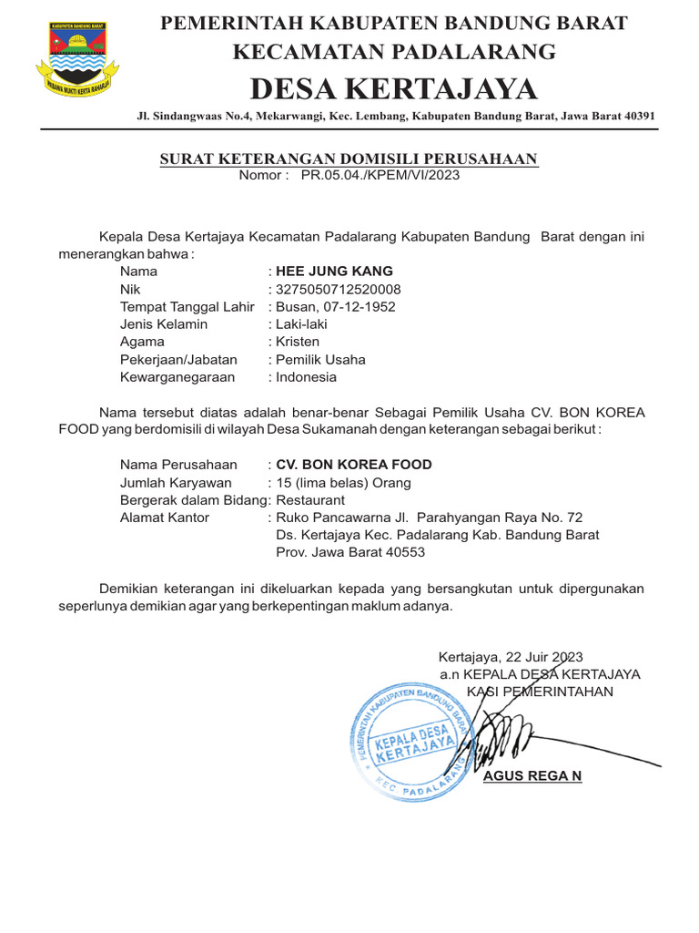 Surat Keterangan Domisili CV. Bon Korea | PDF