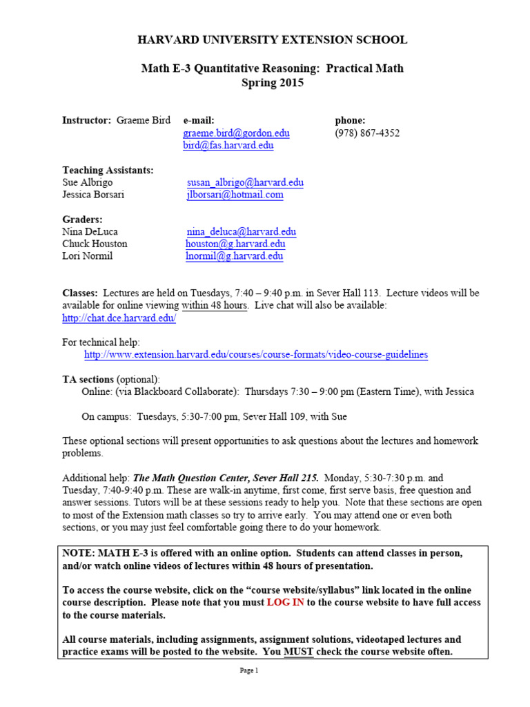 Harvard Extension School Syllabus - Spring.2015 | PDF | Mathematics ...