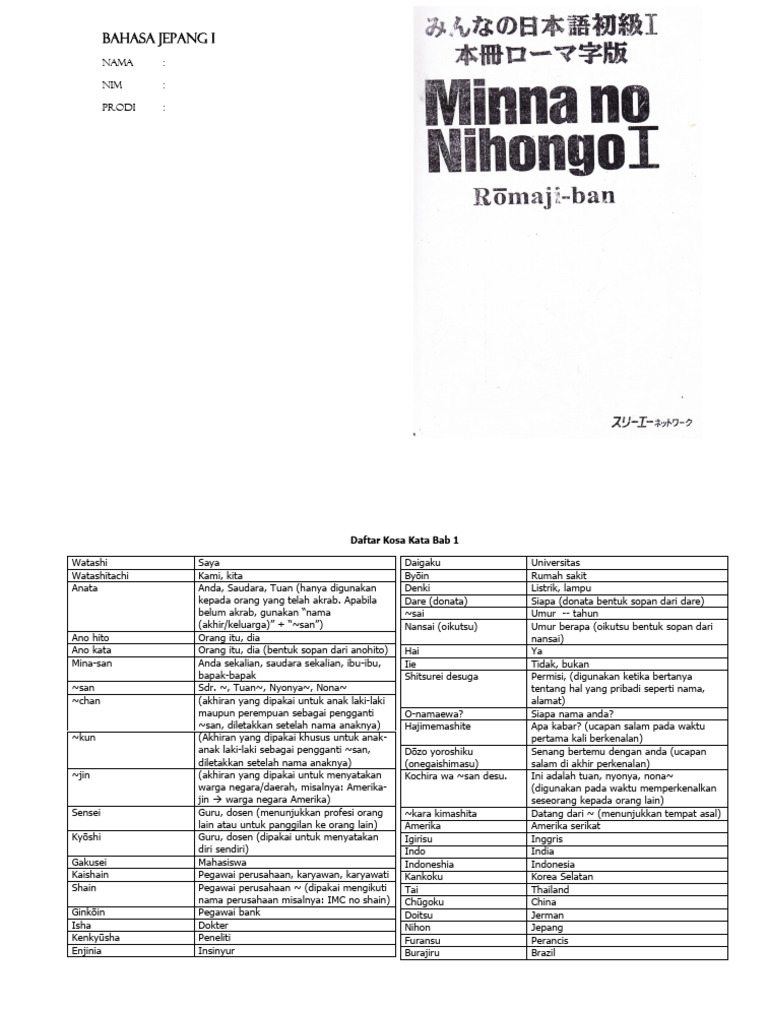 Kosa Kata Bahasa Jepang Bab 1-6 | PDF