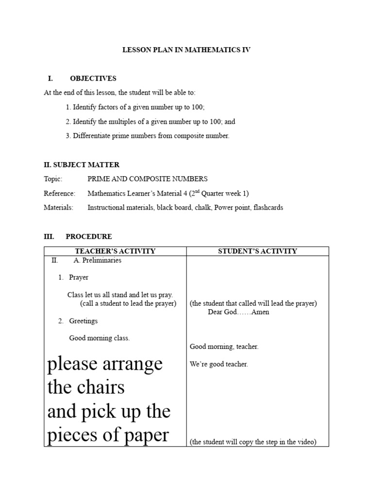 Gallego LESSON PLAN IN MATHEMATICS IV | PDF | Prime Number | Lesson Plan