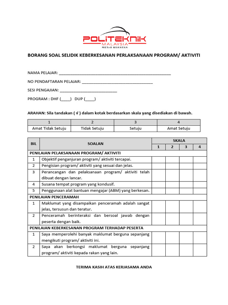 LAMPIRAN 7 - BORANG SOAL SELIDIK KEBERKESANAN PERLAKSANAAN PROGRAM ...