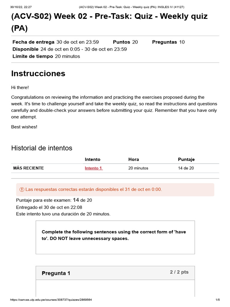 (ACV-S02) Week 02 - Pre-Task - Quiz - Weekly Quiz (PA) - INGLES IV (41127) | PDF | Linguistics ...