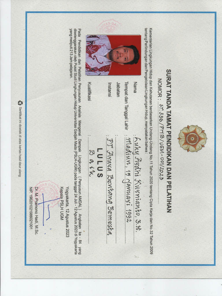 Sertifikat Pelatihan AMDAL Mas Luky - 110844 | PDF