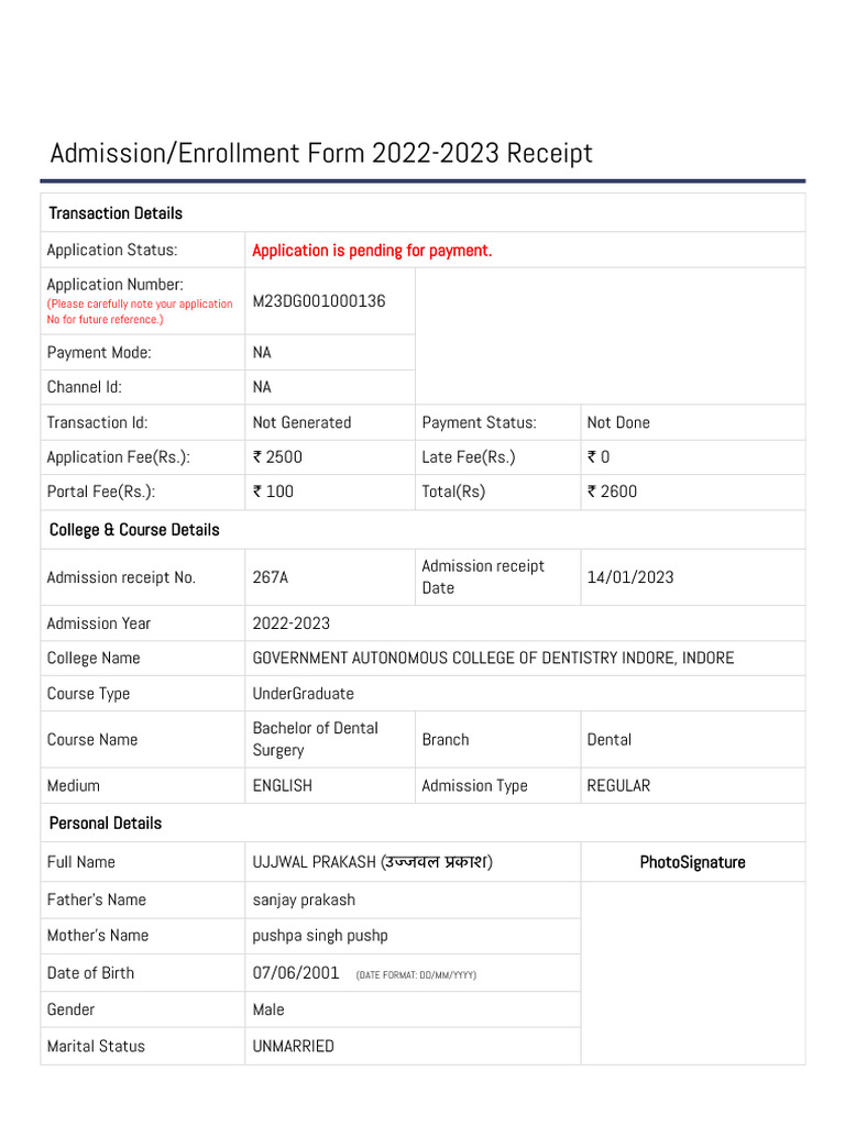 Admission - Enrollment Form Receipt | PDF