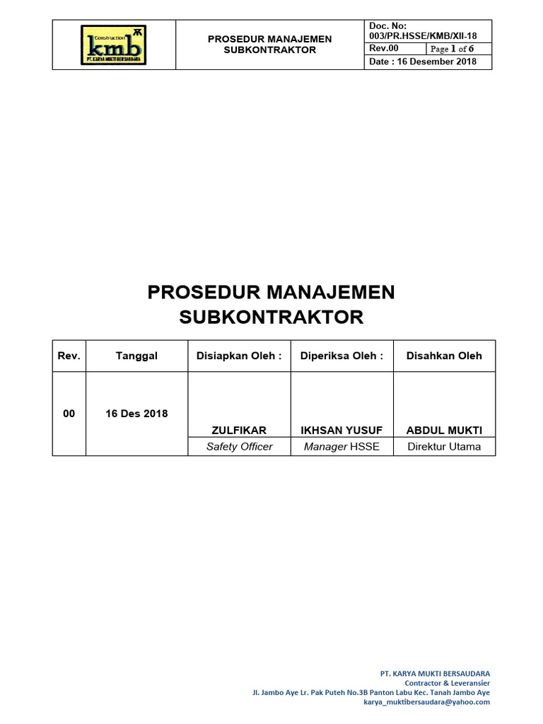 3.5 A - Prosedur Manajemen Subkontraktor | PDF