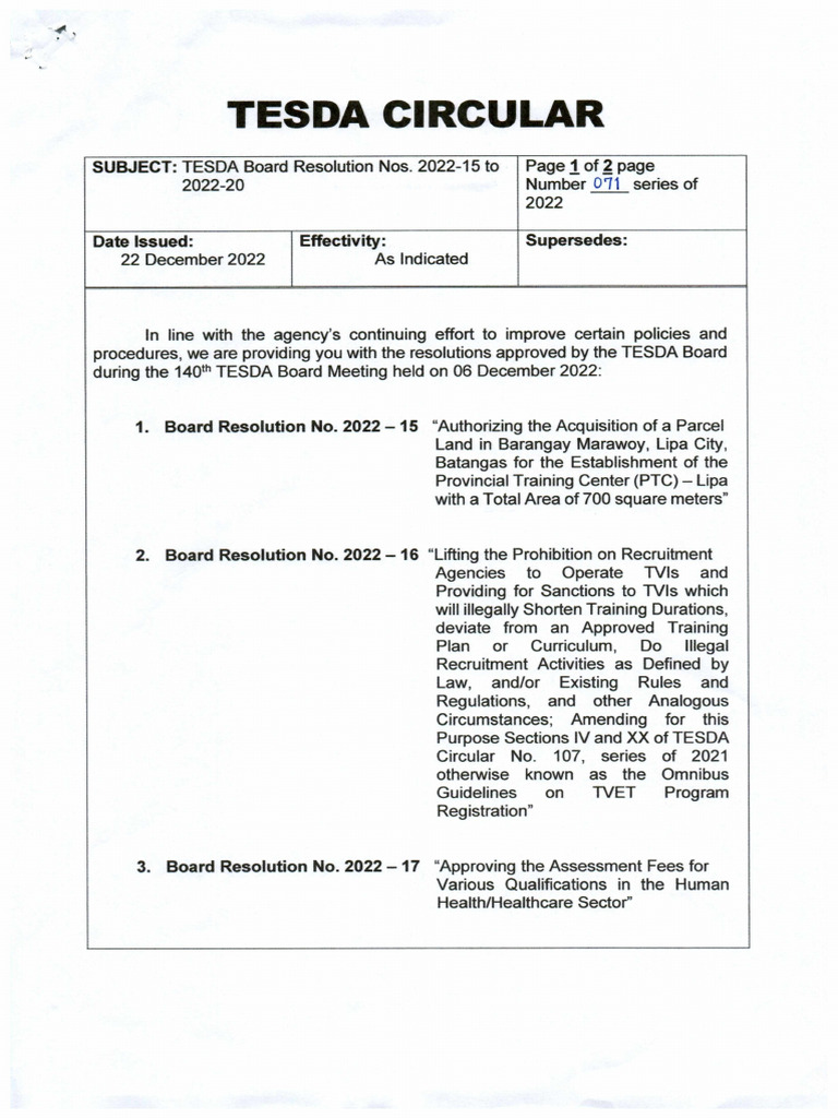 TESDA Circular No. 071 S. 2022 | PDF | Cost | Expense