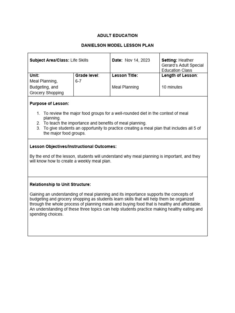 Meal Planning Basics for Special Ed | PDF | Meal | Lesson Plan
