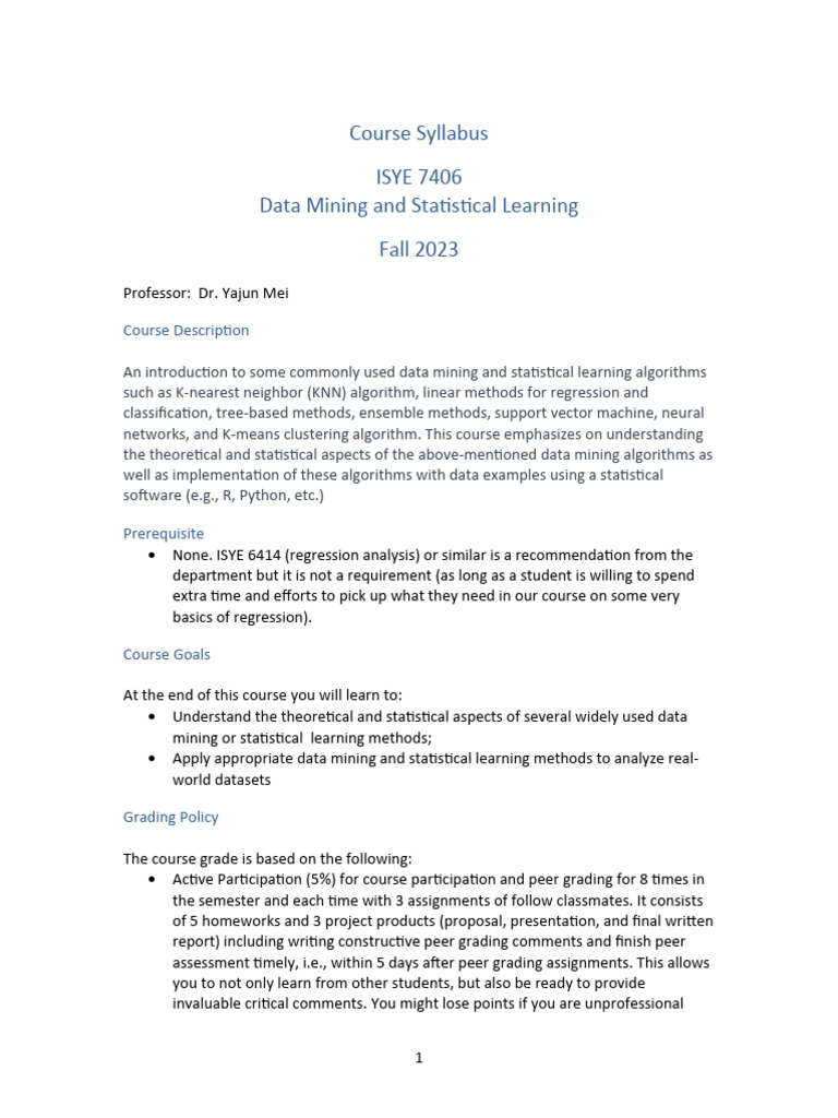 ISYE 7406 Fall 2023 Syllabus | PDF | Support Vector Machine | Regression Analysis