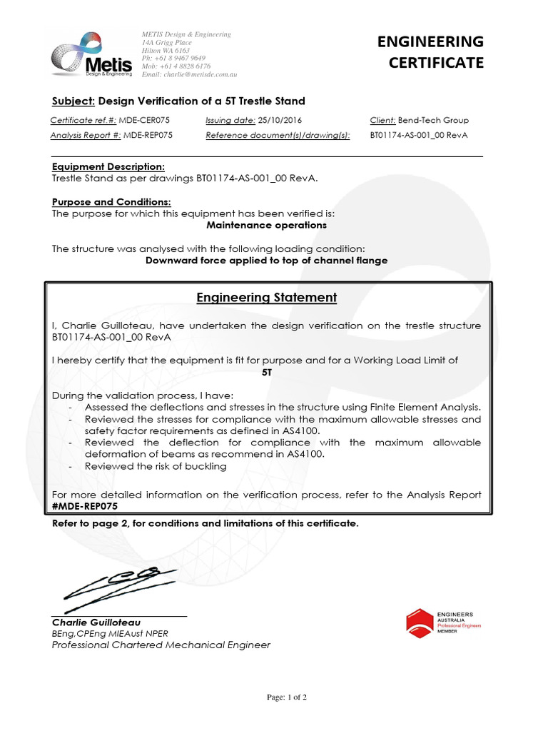 MDE-CER075-5T Trestle (BT01174) - Engineering Certificate | PDF | Structural Steel ...