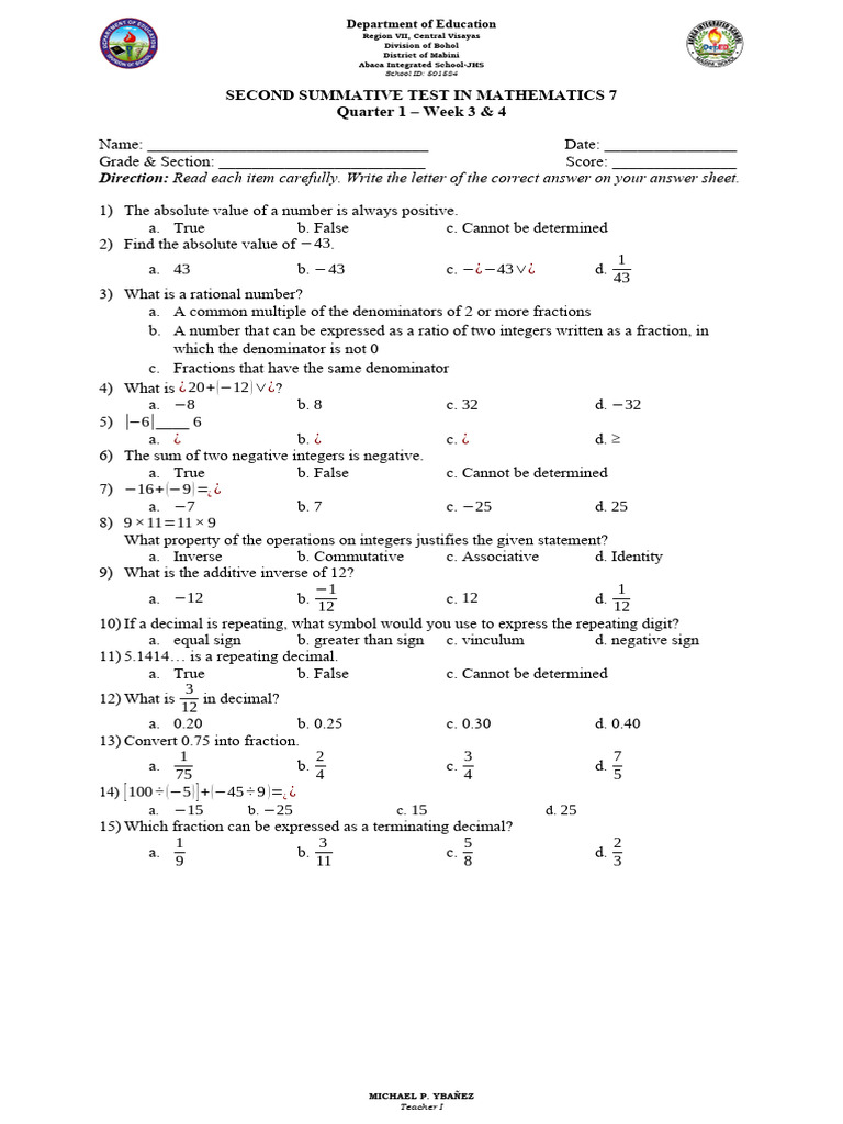 SUMMATIVE 2(mod3&4) | PDF | Numbers | Rational Number