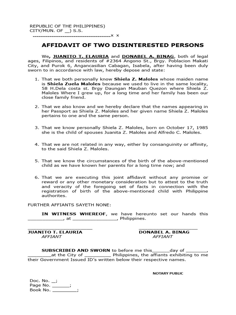 Sample Affidavit of Disinterested Persons | PDF