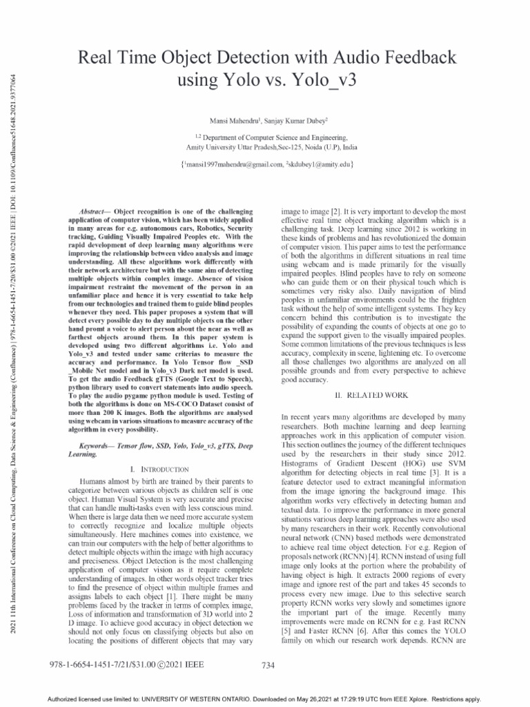 Real Time Object Detection With Audio Feedback Using Yolo vs. Yolo - v3 ...