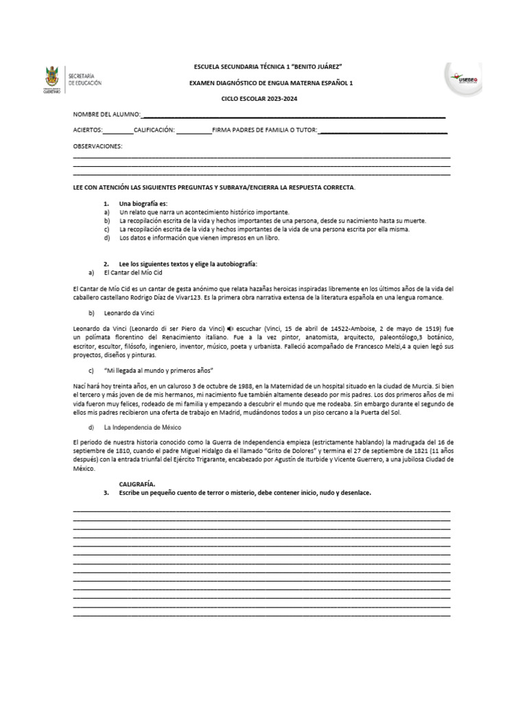 Examen Diagnostico 1° Tec 1 | PDF | Leonardo Da Vinci