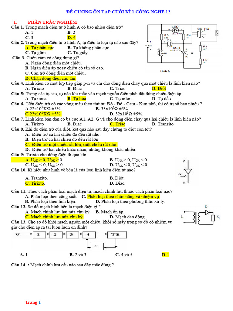 De Cuong On Tap Cong Nghe 12 HK1 | PDF
