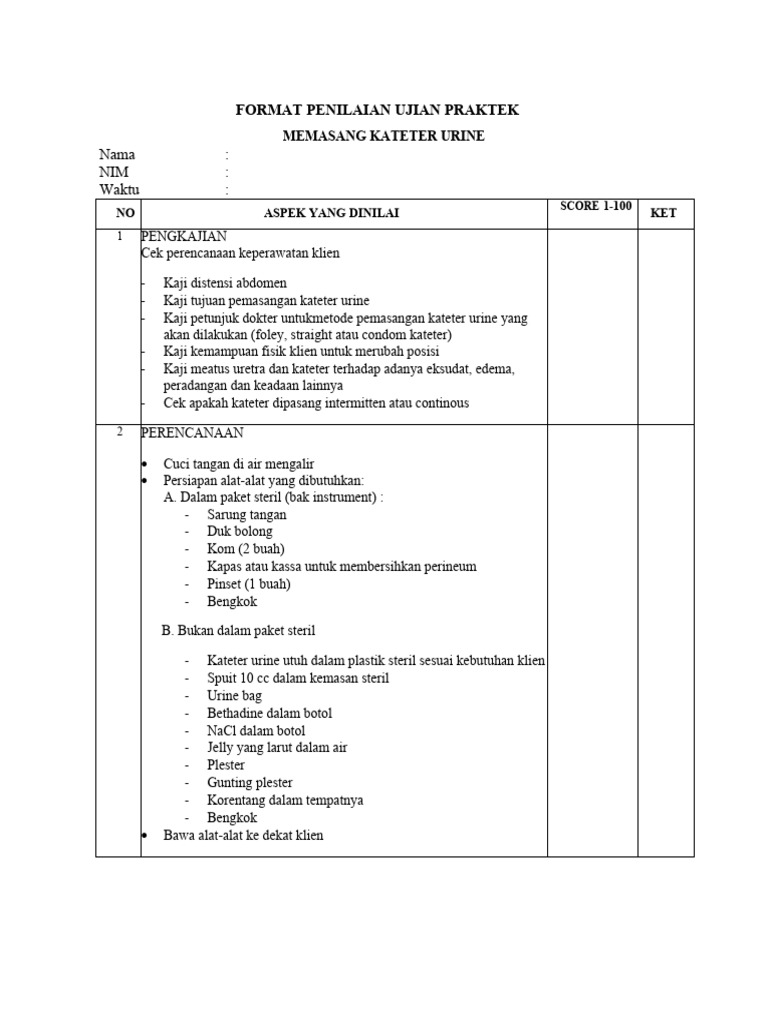 Format Penilaian Ujian Praktek Pasang & Up Kateter Urine | PDF