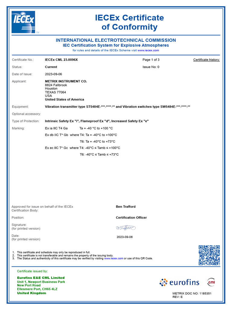 IECEx Certificate for Metrix Vibration Devices | PDF | Electrical ...