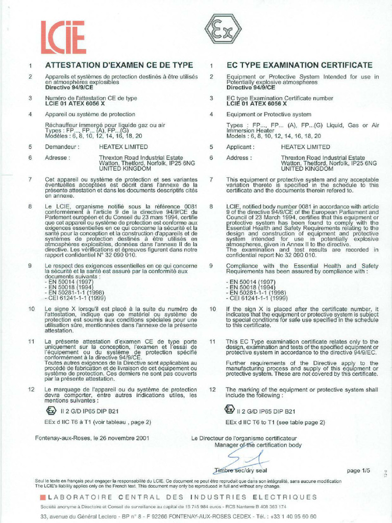 Certificate Lcie01 Atex6056x | PDF | Explosion | European Union