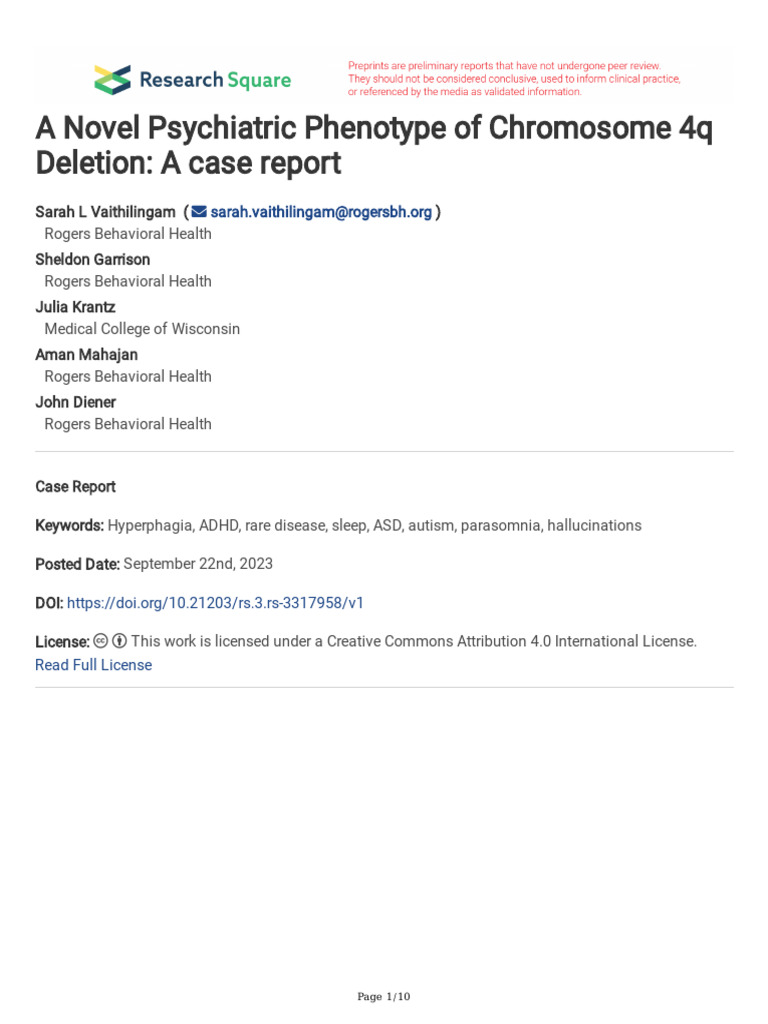 A Novel Psychiatric Phenotype of Chromosome 4q Del | PDF | Mental ...