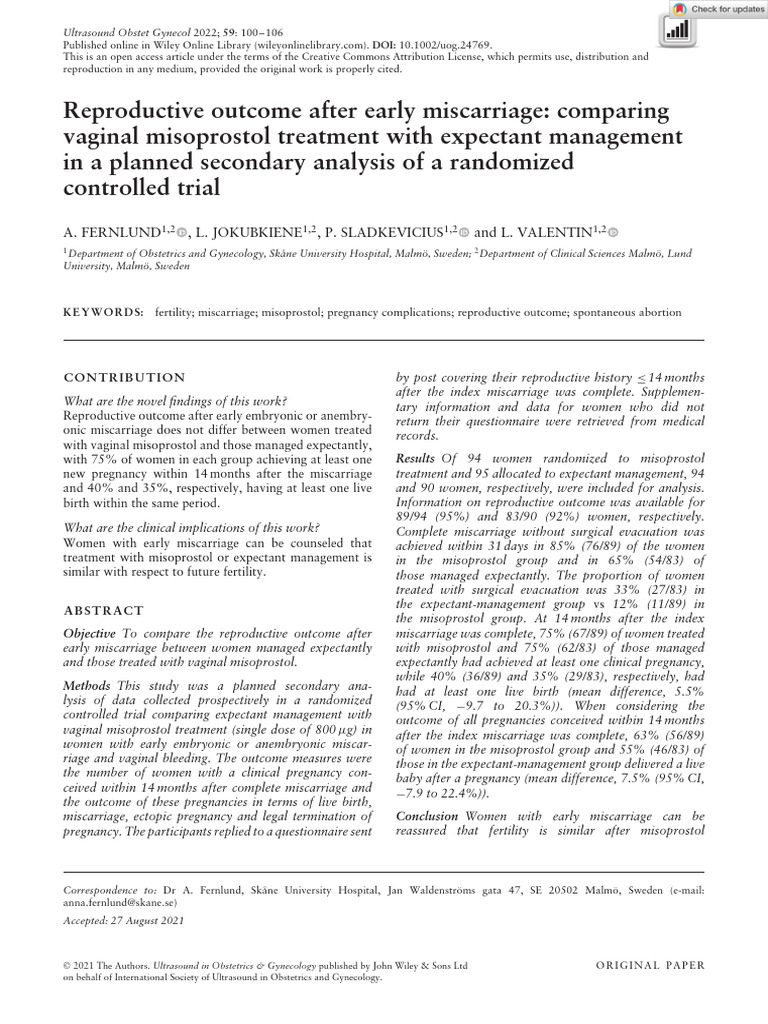 Ultrasound in Obstet Gyne - 2021 - Fernlund - Reproductive Outcome ...