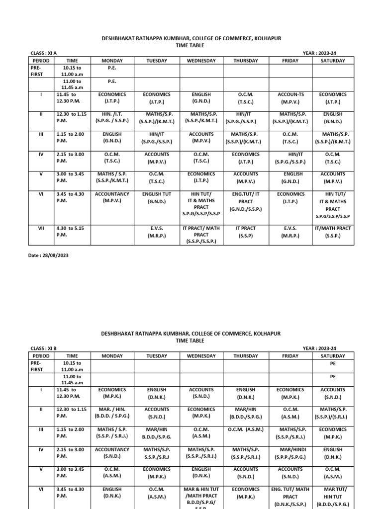 Class XI Time Table 2023-24 | PDF
