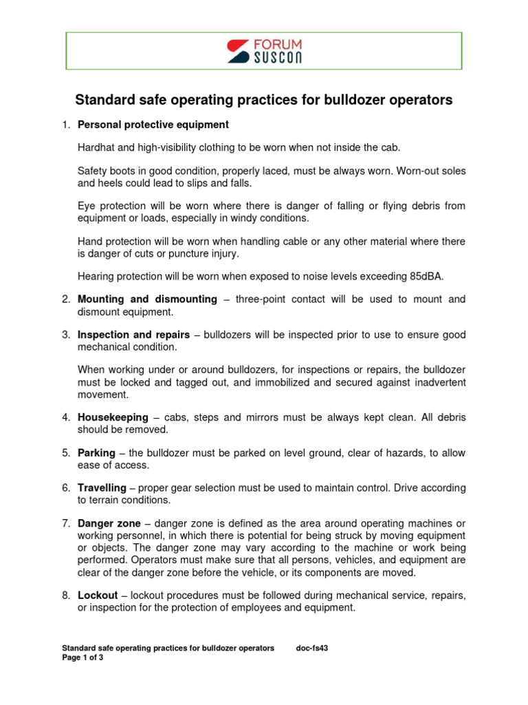 Bulldozer Operator SOP | PDF | Trailer (Vehicle) | Personal Protective ...
