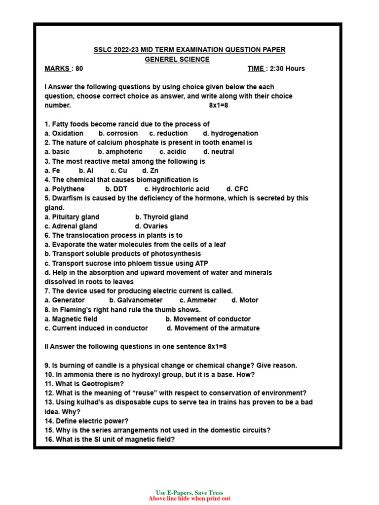 10th STD Science Mid Term Exam Question Paper Eng Version 2022-23 | PDF ...