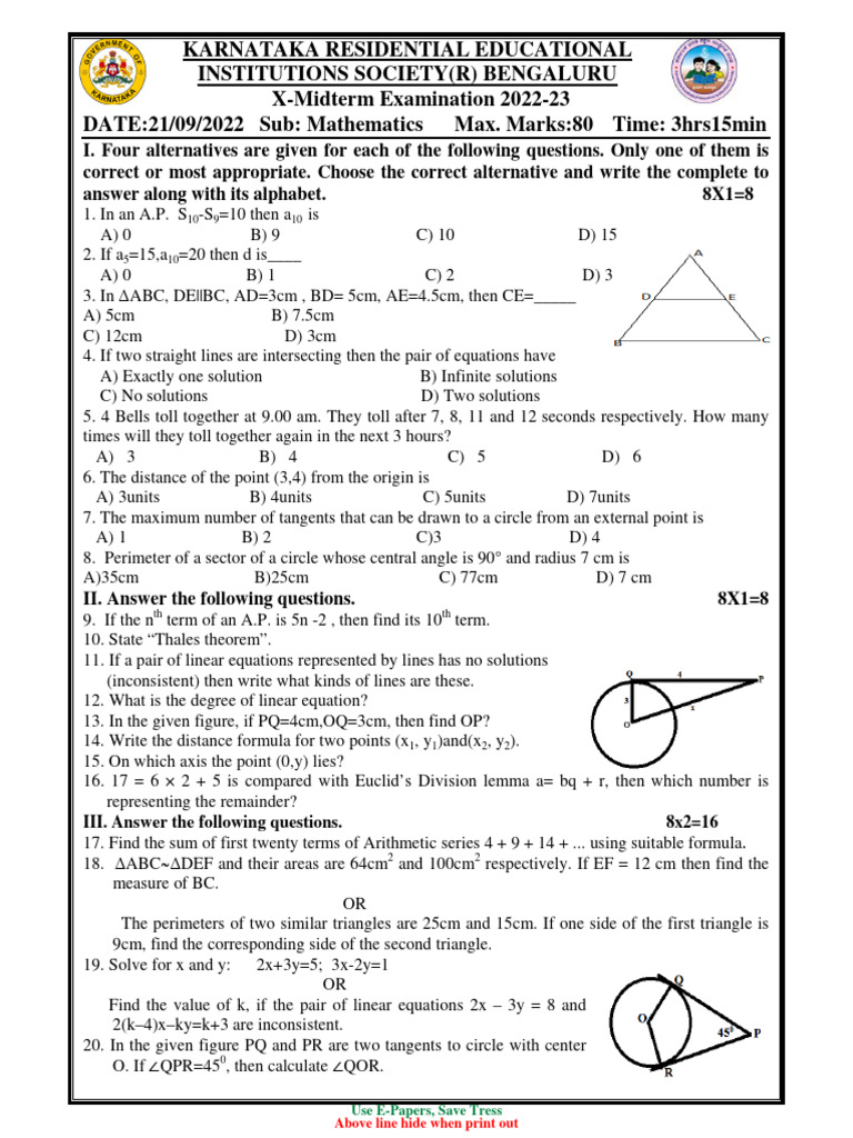 10th STD Maths Midterm Exam Question Paper Eng Version 2022-23 | PDF ...