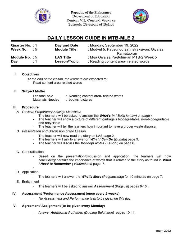 DLG Mtb-Mle2 Q1 WK5 Day1-5 | PDF | Learning | Teachers