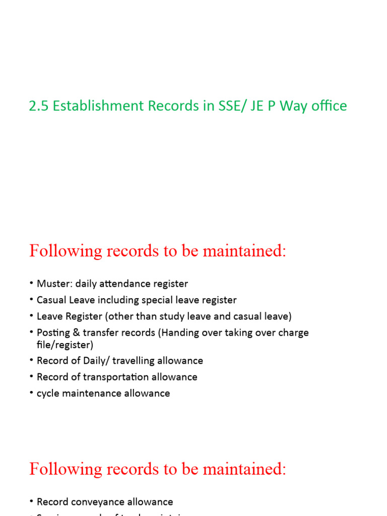 2.5 Establishment Records in SSE JE P Way Office | Download Free PDF ...