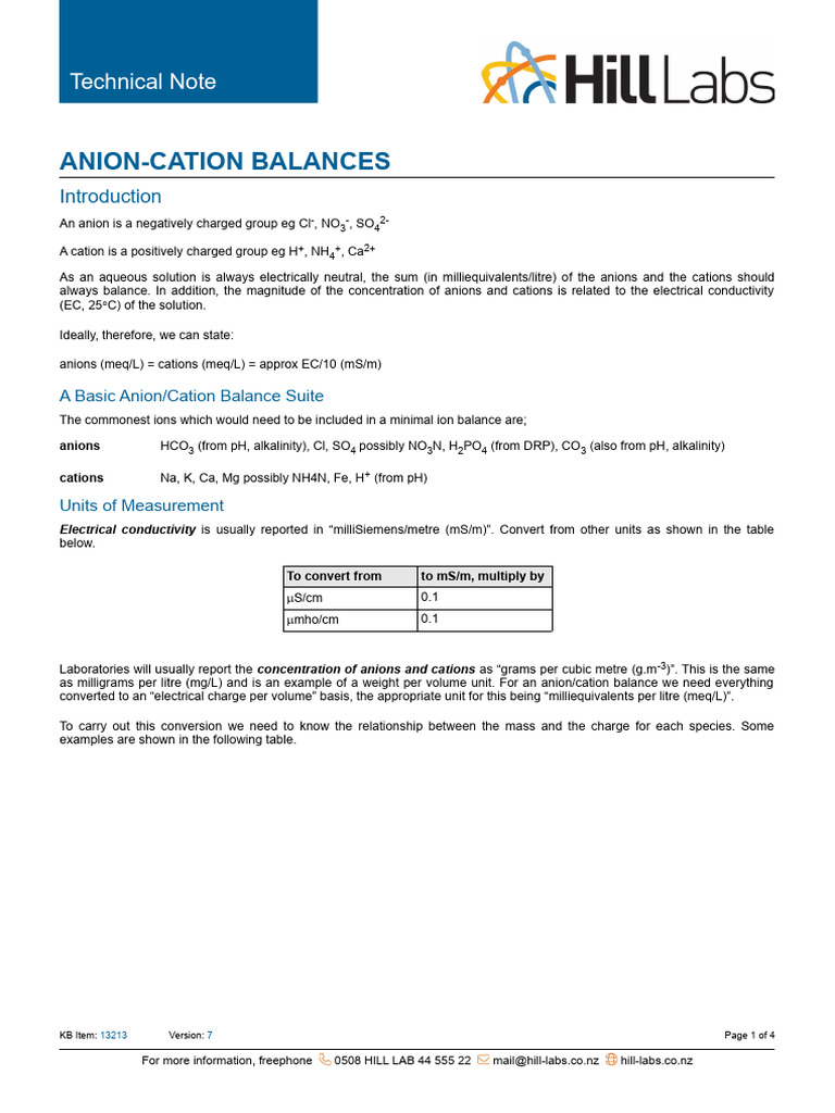 13213v7 - Technical Note Anion Cation Balances | PDF | Alkalinity | Ion