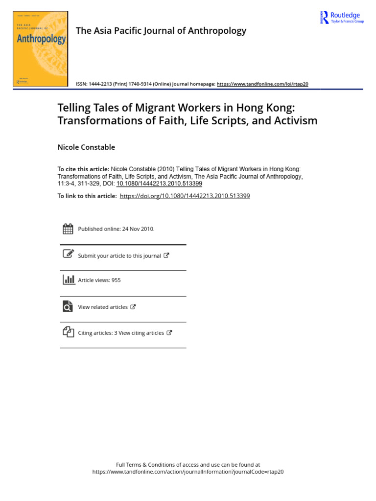 Telling Tales of Migrant Workers in Hong Kong Transformations of Faith Life Scripts and Activism ...