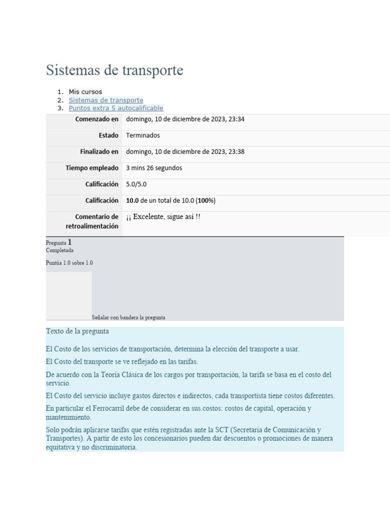 AUTOCALIFICABLES SEMANA 5 Sistemas de Transporte | PDF | Economias | Transporte