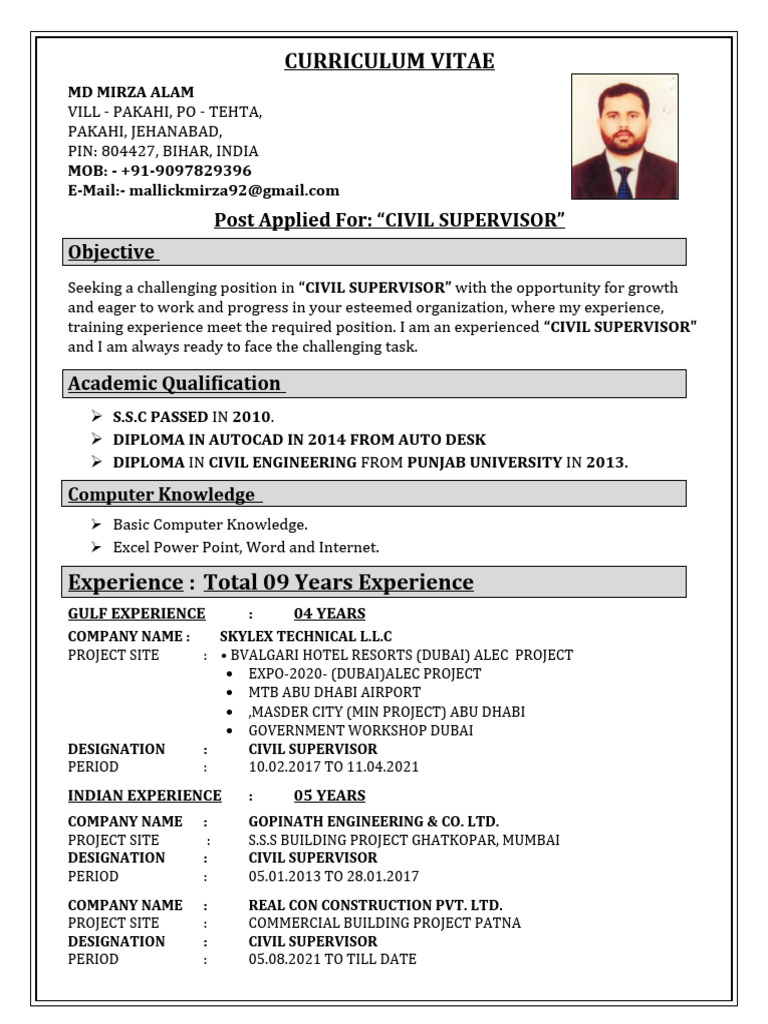 Civil Supervisor Job Application | PDF | Career & Growth