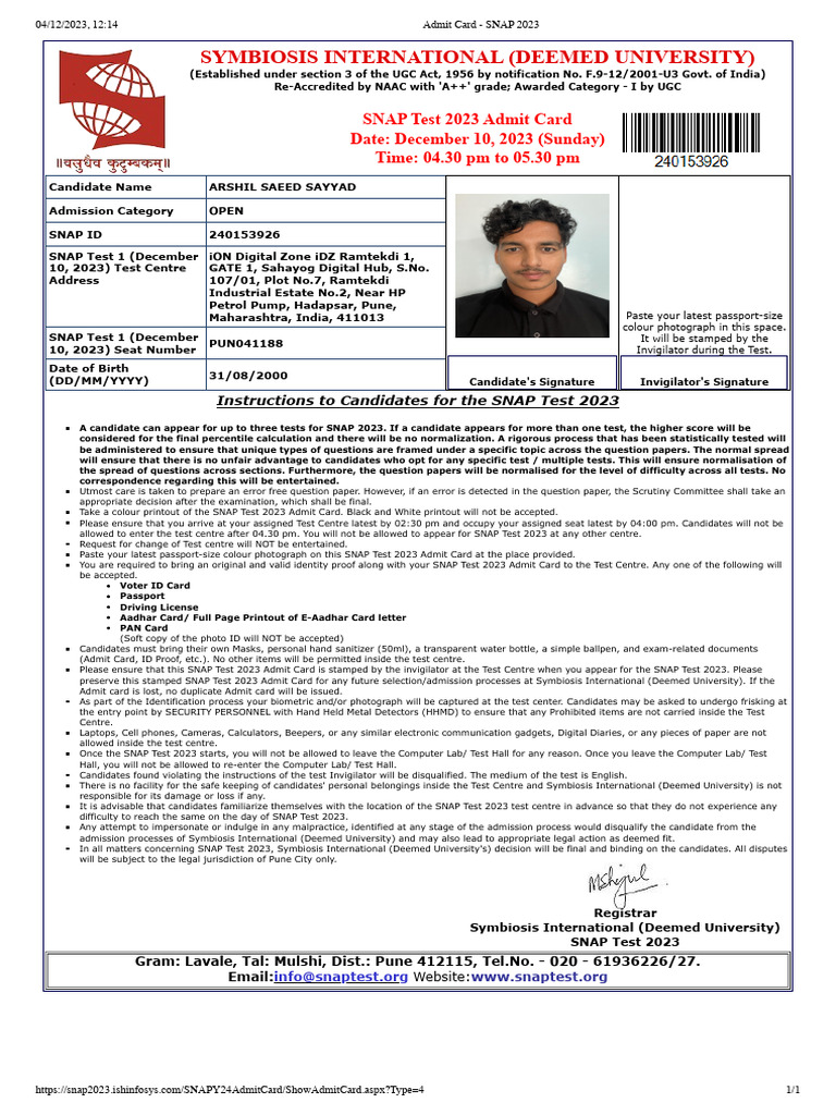 ARSHIL Admit Card - SNAP 2023 | PDF | Identity Document | Privacy