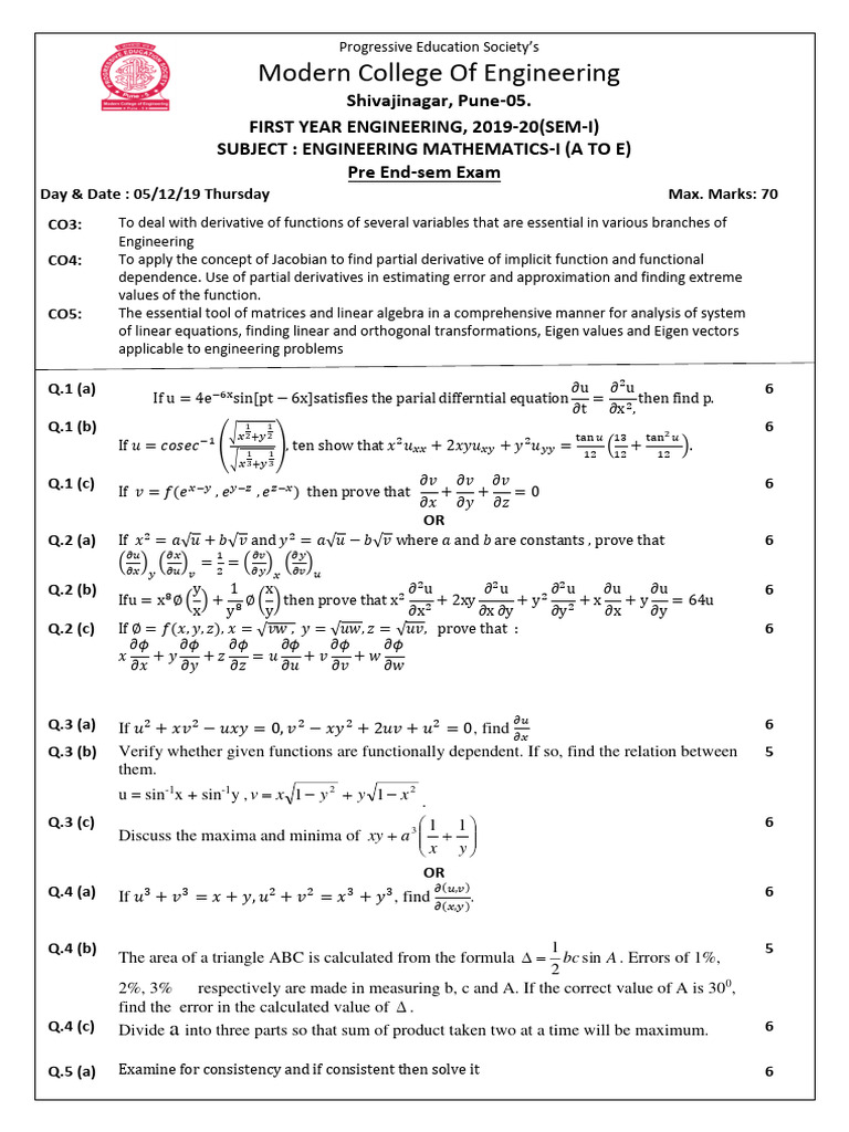 Pre Endsem Q P M1 (A To E) | Download Free PDF | Eigenvalues And Eigenvectors | Matrix (Mathematics)