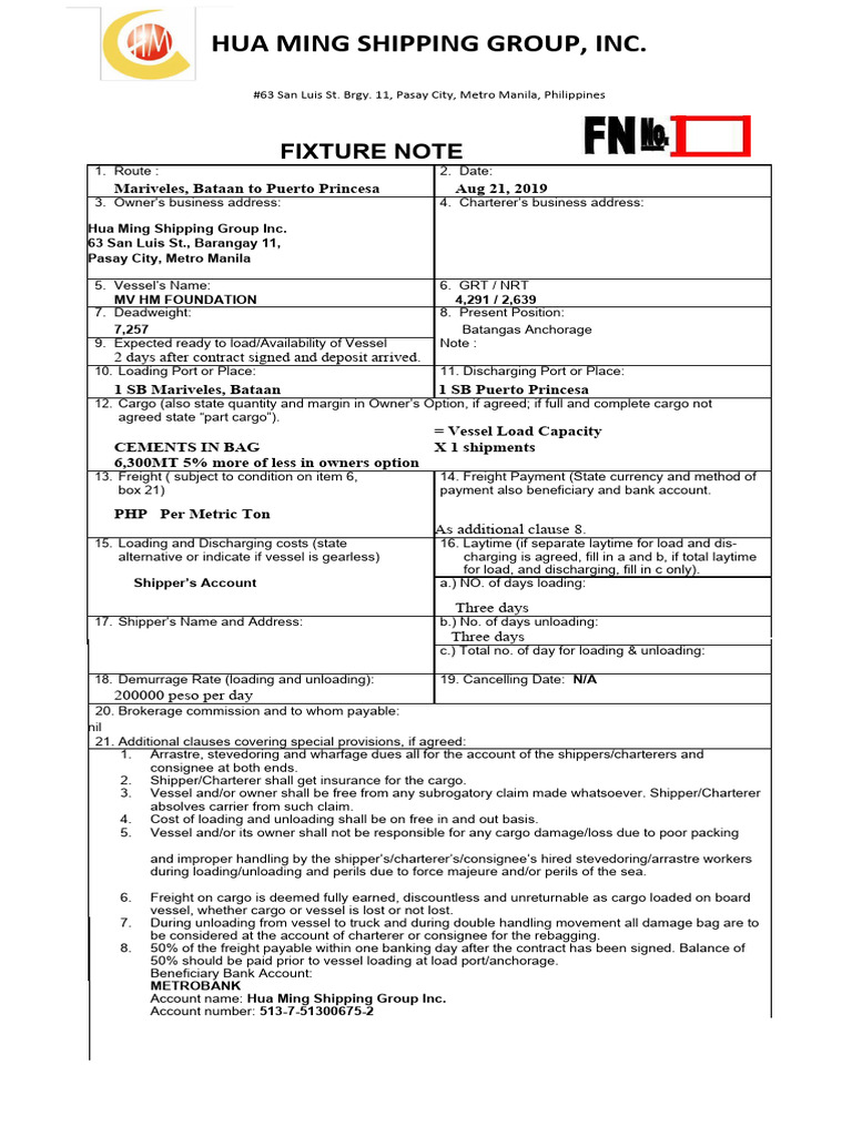 Shipping Fixture Note: MV HM Foundation | PDF | Cargo | Stevedore