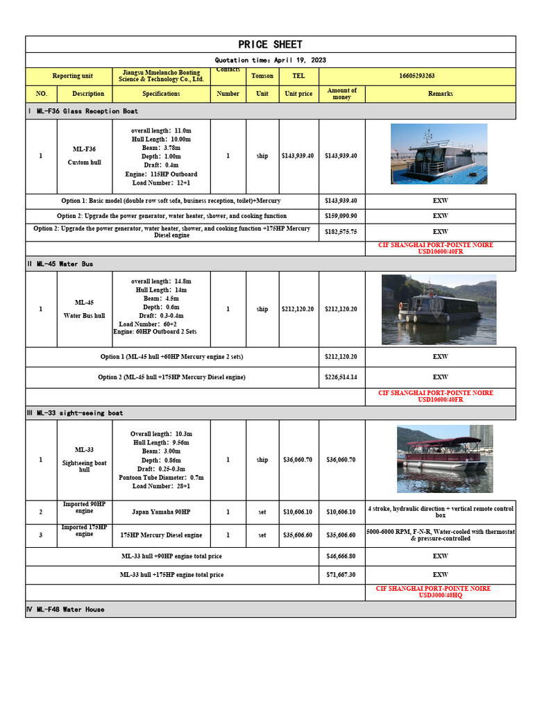Boat Price Sheet and Specifications | PDF | Ships | Shipping
