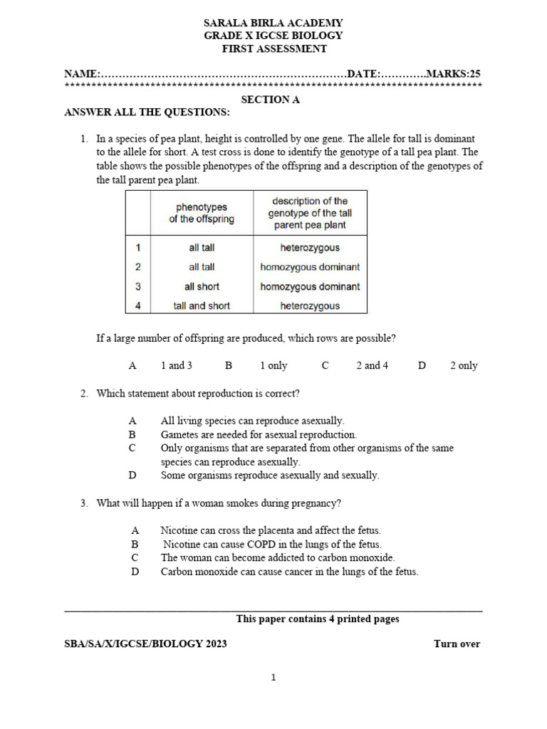 X IG First Assesment 2023 | PDF | Reproduction | Genotype