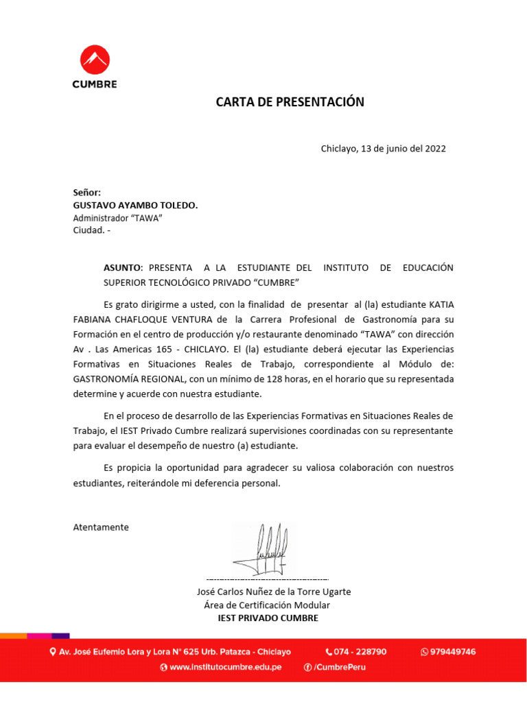 Carta de Presentacion Chafloque Ventura | PDF | Crecimiento personal y profesional