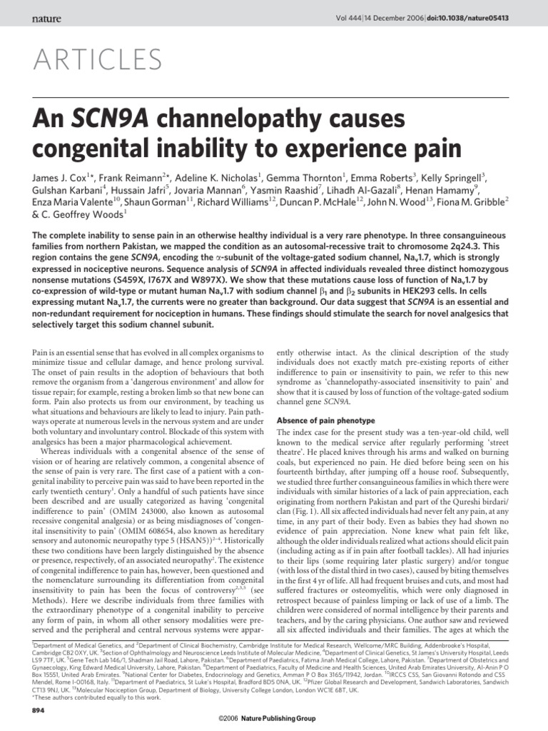 2006 An SCN9A Channelopathy Causes Congenital Inability To Experience ...