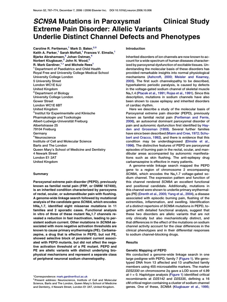 2006 SCN9A Mutations in Paroxysmal Extreme Pain Disorder Allelic Variants Underlie Distinct ...