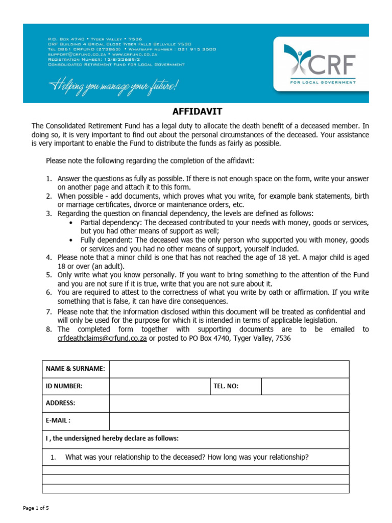 CRF Death Claim Affidavit 08.2020 | PDF | Affidavit | Justice