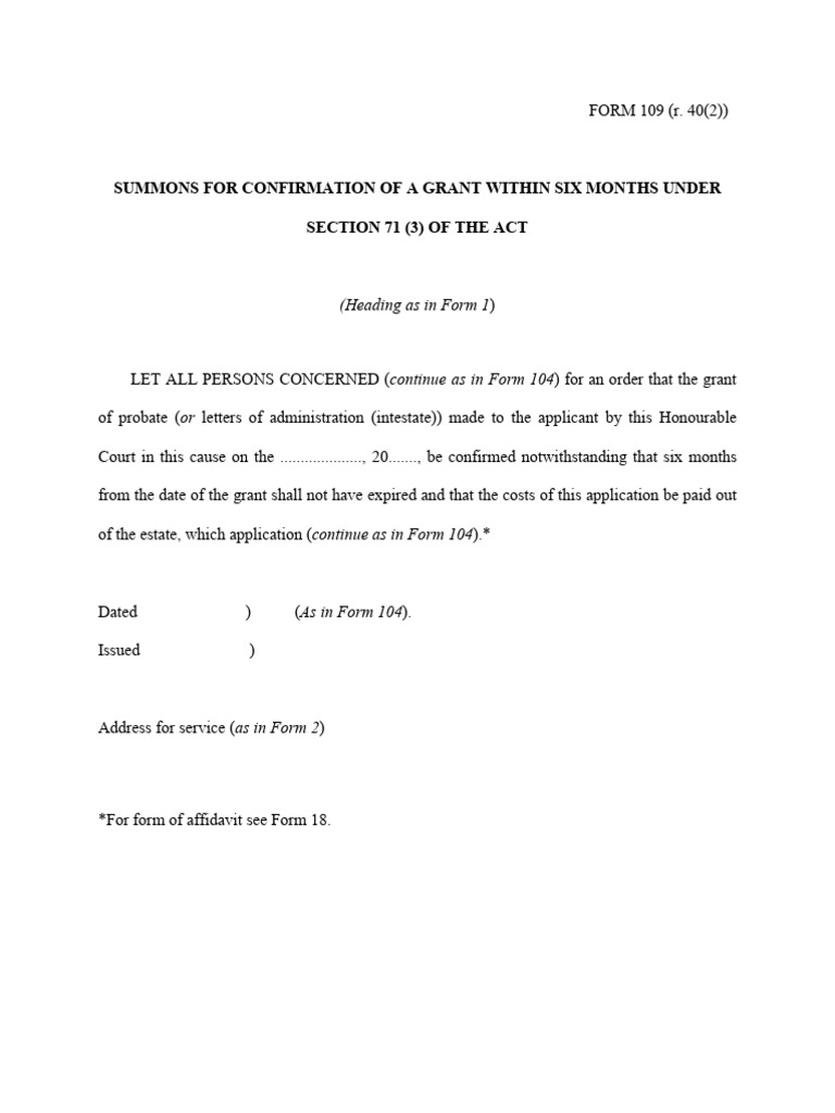 Form 109-Summons For Confirmation of A Grant Within Six Months Under ...