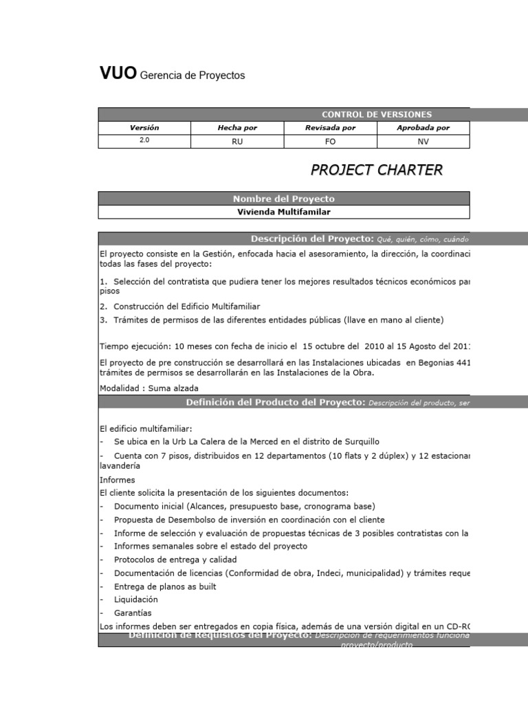 Project Charter - Example | PDF | Presupuesto | Contratista general