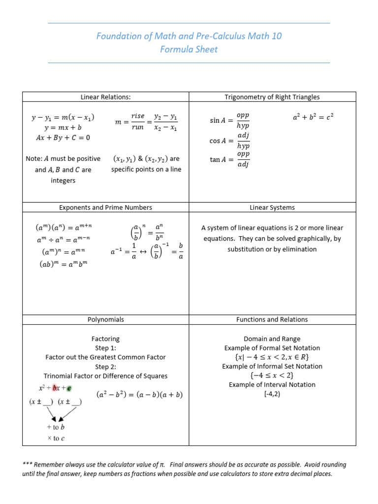 Math 10 Formula Sheet | PDF | Factorization | Polynomial Math 10 Formula Sheet | PDF | Factorization | Polynomial