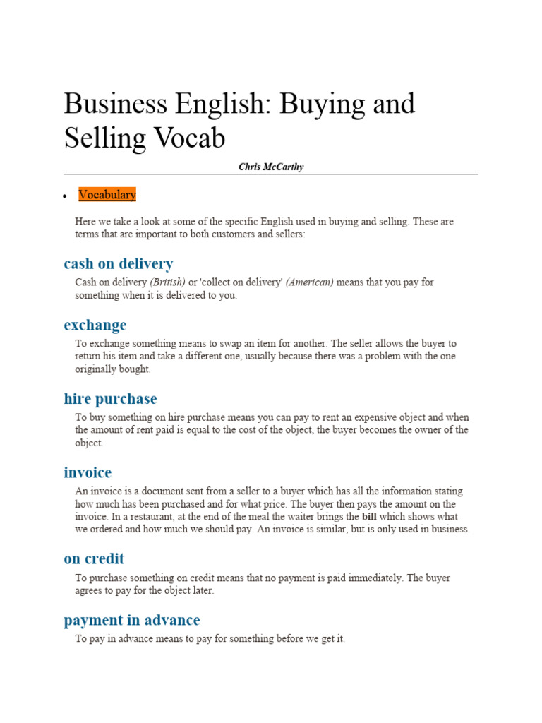 Business English: Buying & Selling Terms | PDF | Receipt | Invoice