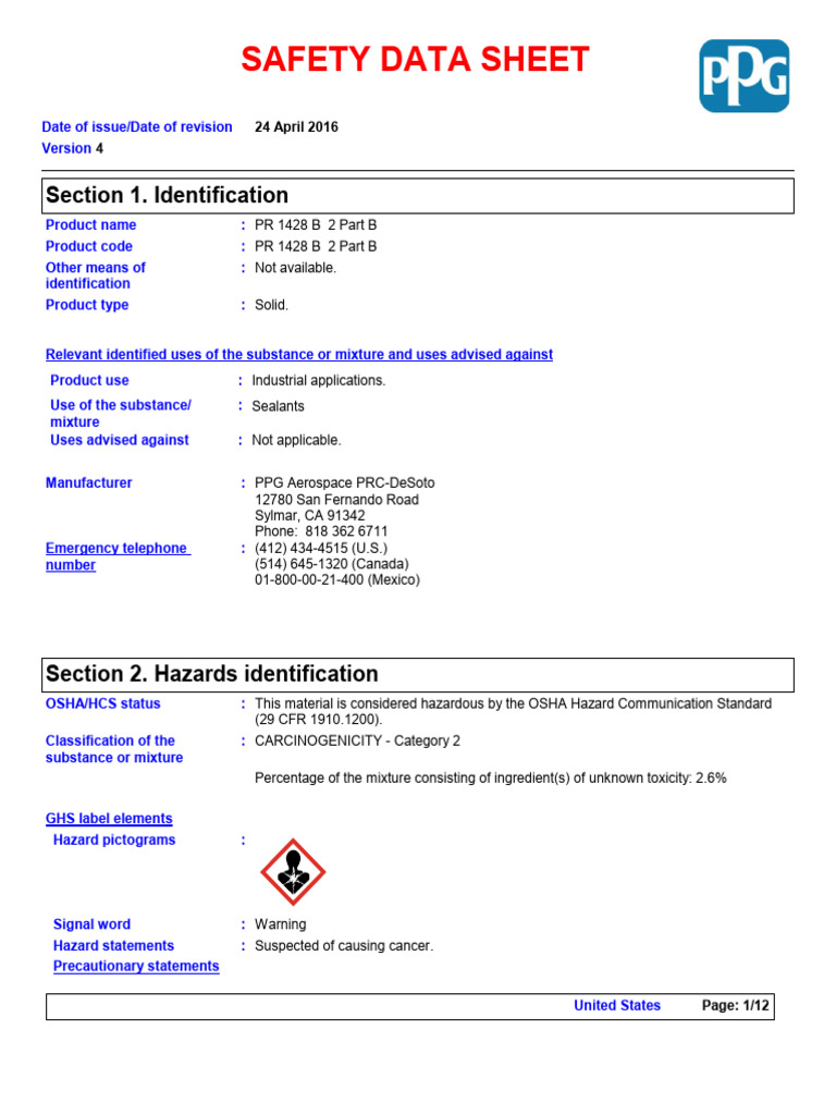 PR 1428 B Sealant Safety Data Sheet | PDF | Dangerous Goods | Waste