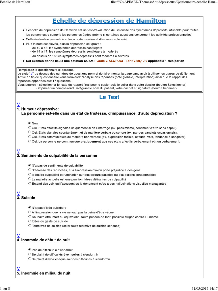 Echelle de Hamilton | PDF | Dépression (psychiatrie) | Anxiété