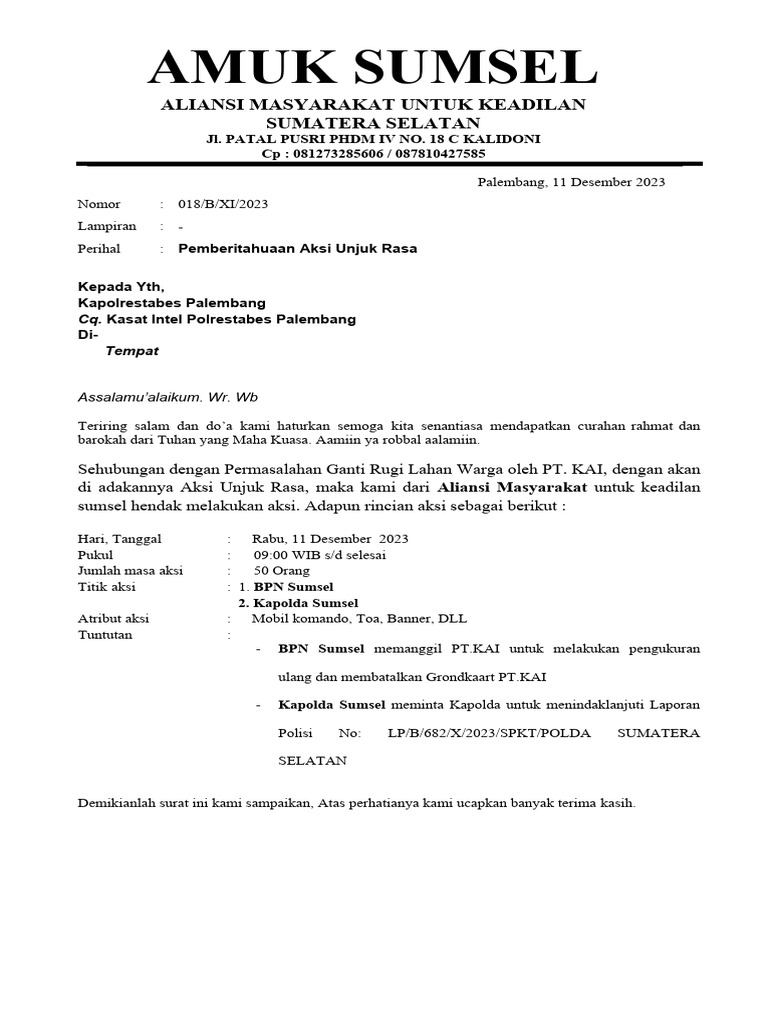 Pemberitahuan Aksi Unjuk Rasa PT KAI | PDF